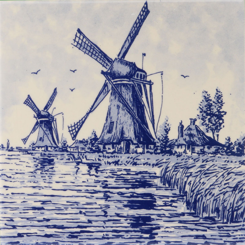 Two Windmills - Delft blue Tile 15x15cm - Blue • Souvenirs from Holland