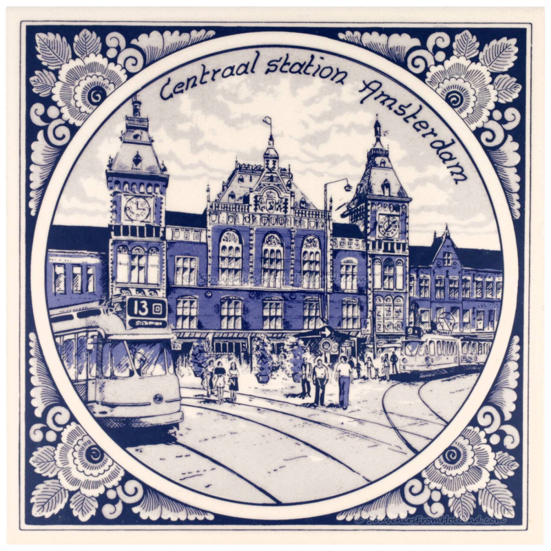Central Station Amsterdam with border - Delft Blue Tile 15x15 cm ...